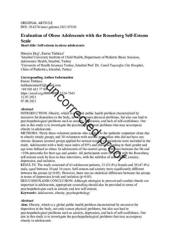 (PDF) Evaluation of Obese Adolescents with the Rosenberg Self-Esteem Scale