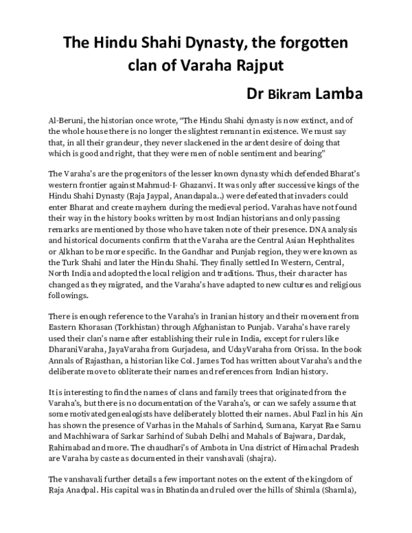 (DOC) The Hindu Shahi Dynasty, the forgotten clan of Varaha Rajput