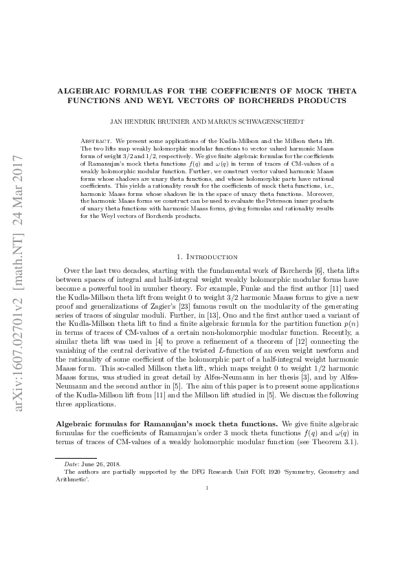 (PDF) Algebraic formulas for the coefficients of mock theta functions ...
