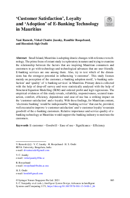 (PDF) ‘Customer Satisfaction’, Loyalty and ‘Adoption’ of E-Banking Technology in Mauritius