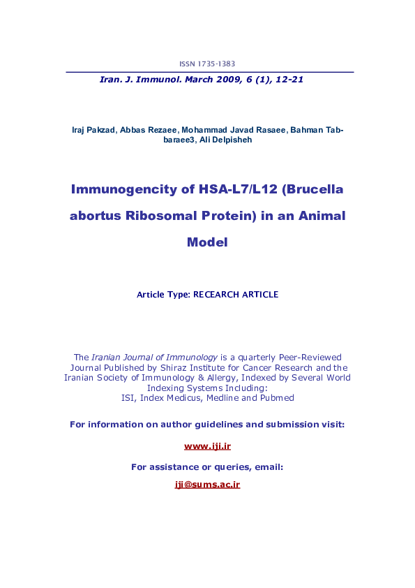 (PDF) Immunogencity of HSA-L7/L12 (Brucella abortus ribosomal protein ...