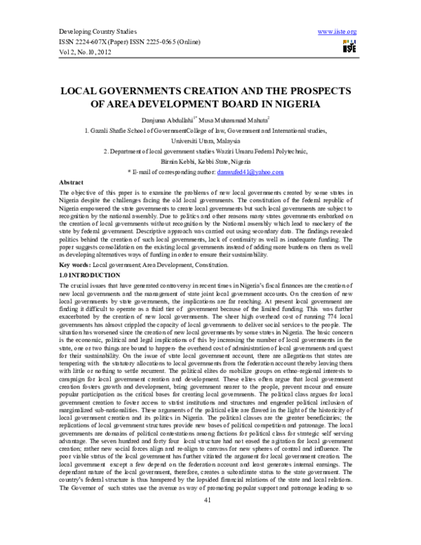 Local Governments Creation and the Prospects of Area Development Board ...