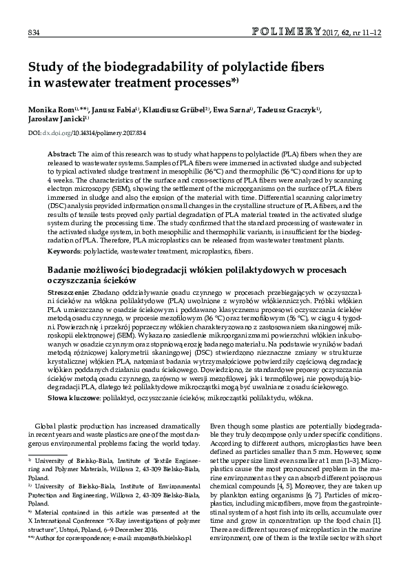 (PDF) Study of the biodegradability of polylactide fibers in wastewater ...