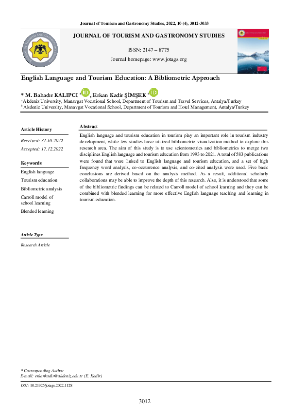 (PDF) English Language and Tourism Education: A Bibliometric Approach