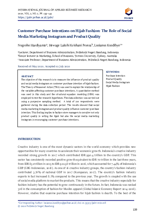 (PDF) Customer Purchase Intentions on Hijab Fashion: The Role of Social ...
