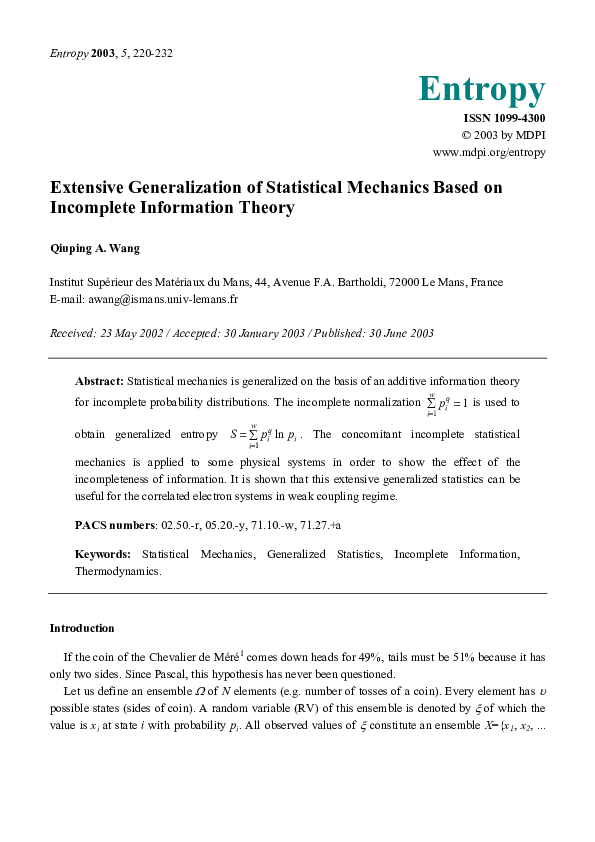 (PDF) Extensive Generalization of Statistical Mechanics Based on Incomplete Information Theory