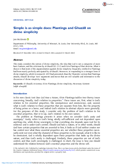 (PDF) Simple is as simple does: Plantinga and Ghazālī on divine simplicity