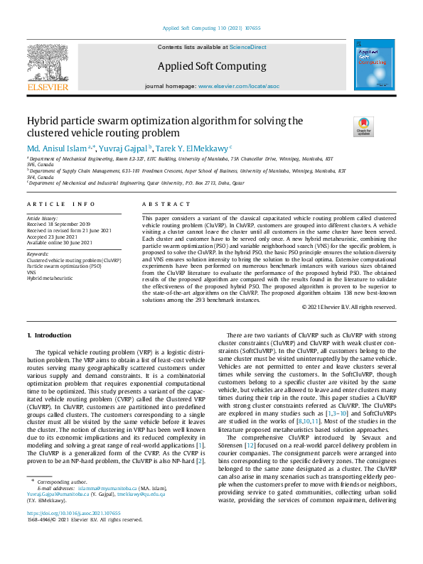 (PDF) Hybrid particle swarm optimization algorithm for solving the clustered vehicle routing problem