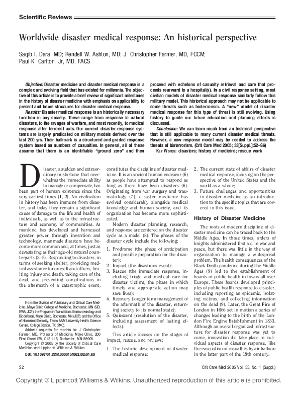 (PDF) Worldwide disaster medical response: An historical perspective