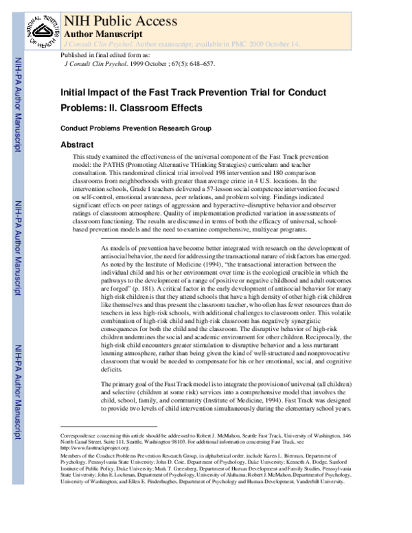 (PDF) Initial impact of the fast track prevention trial for conduct ...