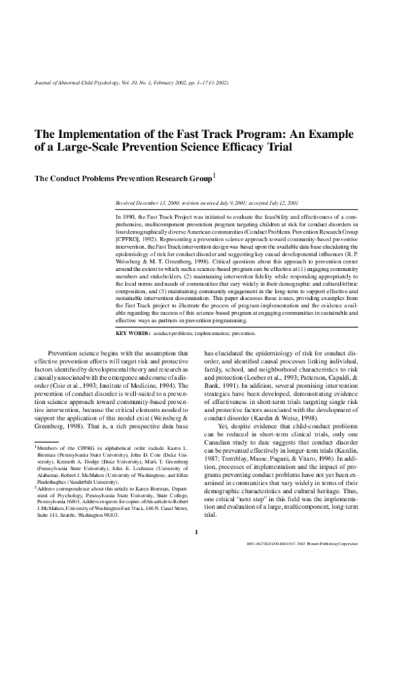 (PDF) Fast Track Program: A Prevention Science Trial