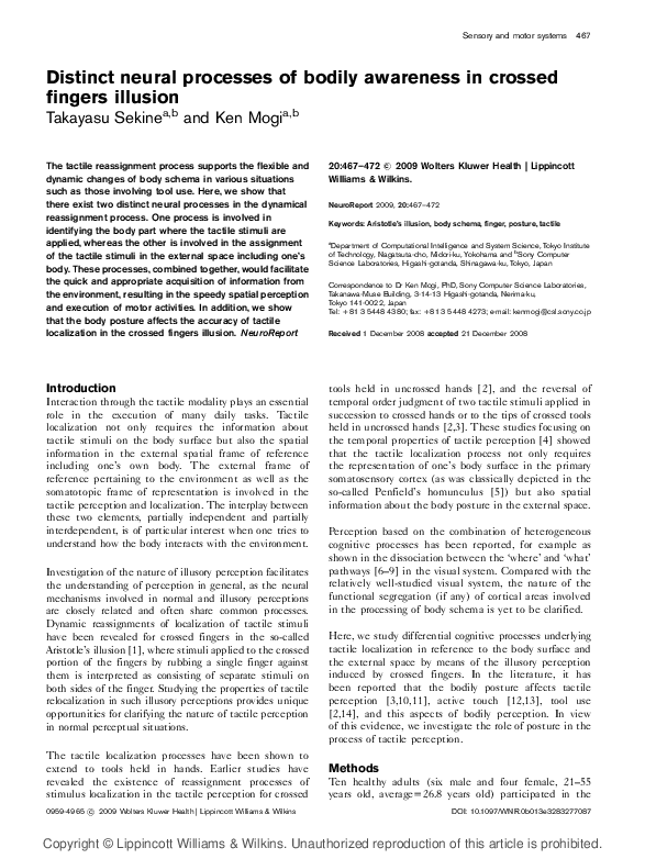 (PDF) Distinct neural processes of bodily awareness in crossed fingers illusion