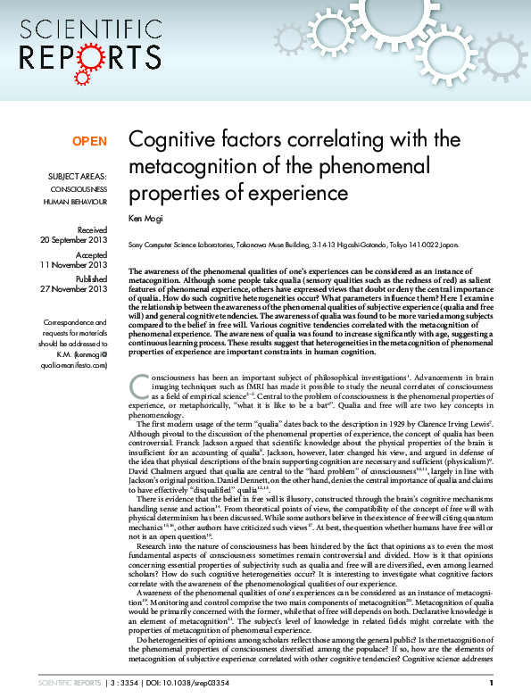 (PDF) Cognitive factors correlating with the metacognition of the phenomenal properties of ...