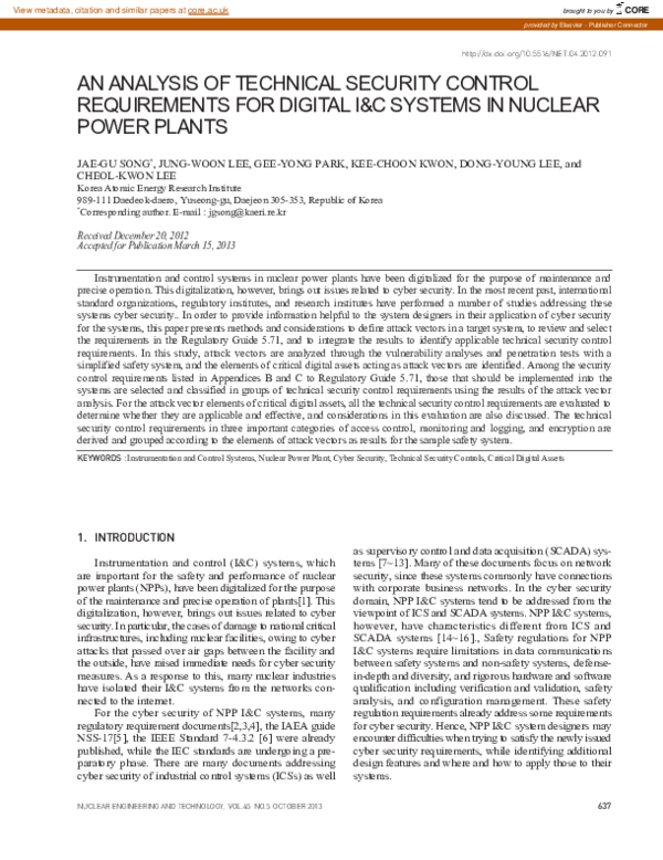 (PDF) An Analysis of Technical Security Control Requirements for Digital I&C Systems in Nuclear ...