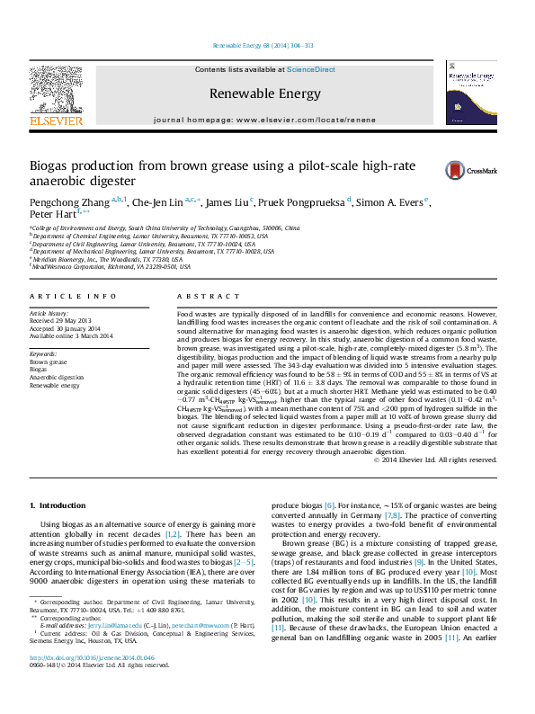 (PDF) Biogas production from brown grease using a pilot-scale high-rate ...