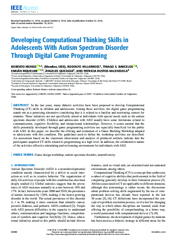 Pdf Developing Computational Thinking Skills In Adolescents With Autism Spectrum Disorder
