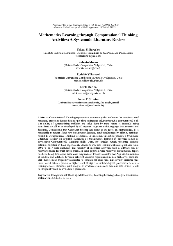 Pdf Mathematics Learning Through Computational Thinking Activities A Systematic Literature Review