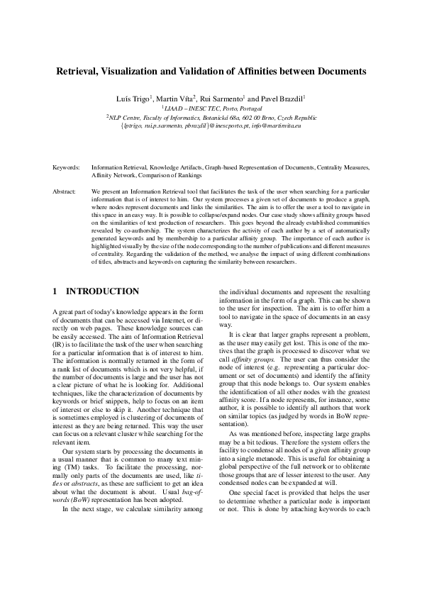 (PDF) Retrieval, Visualization and Validation of Affinities between Documents