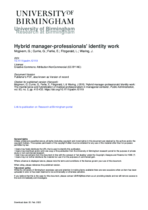 (PDF) Hybrid Manager–Professionals' Identity Work: The Maintenance and ...