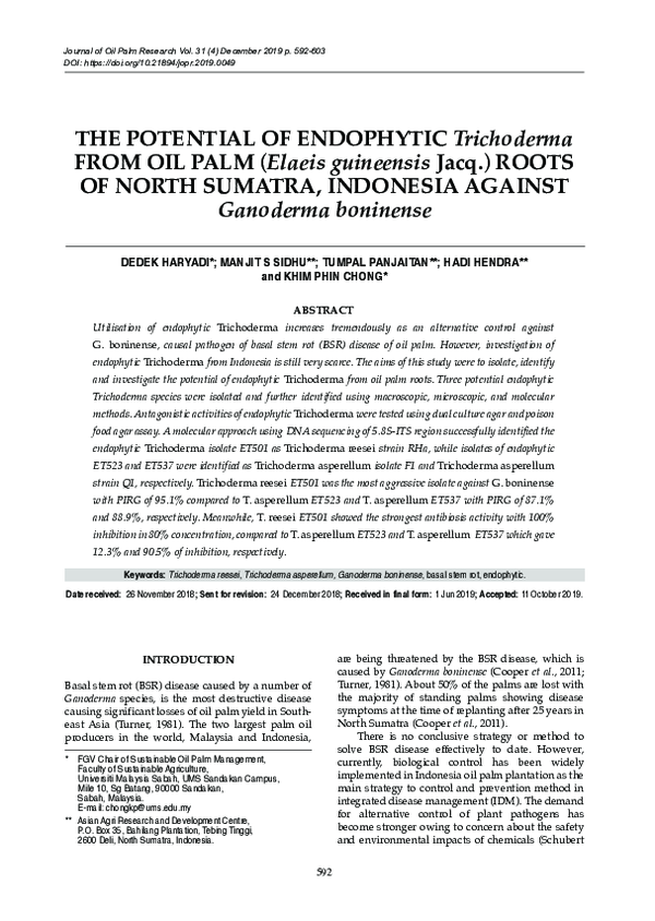(PDF) Endophytic Trichoderma from Oil Palm Roots vs. Ganoderma