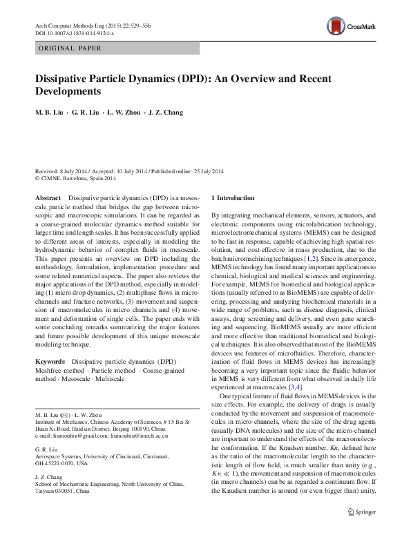 (PDF) Dissipative Particle Dynamics (DPD): An Overview and Recent Developments