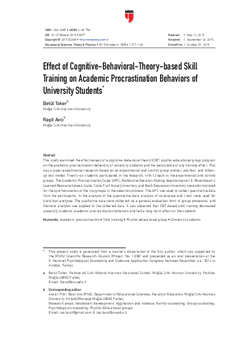 (PDF) Effect of Cognitive-Behavioral-Theory-based Skill Training on Academic Procrastination ...