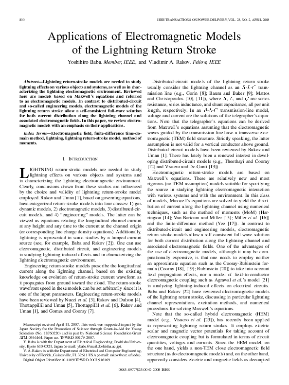 Pdf Applications Of Electromagnetic Models Of The Lightning Return Stroke