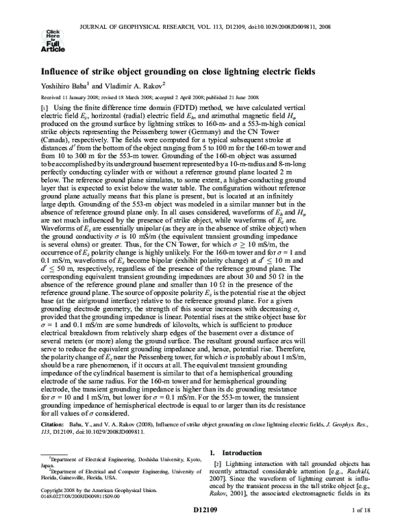 (PDF) Influence of strike object grounding on close lightning electric fields