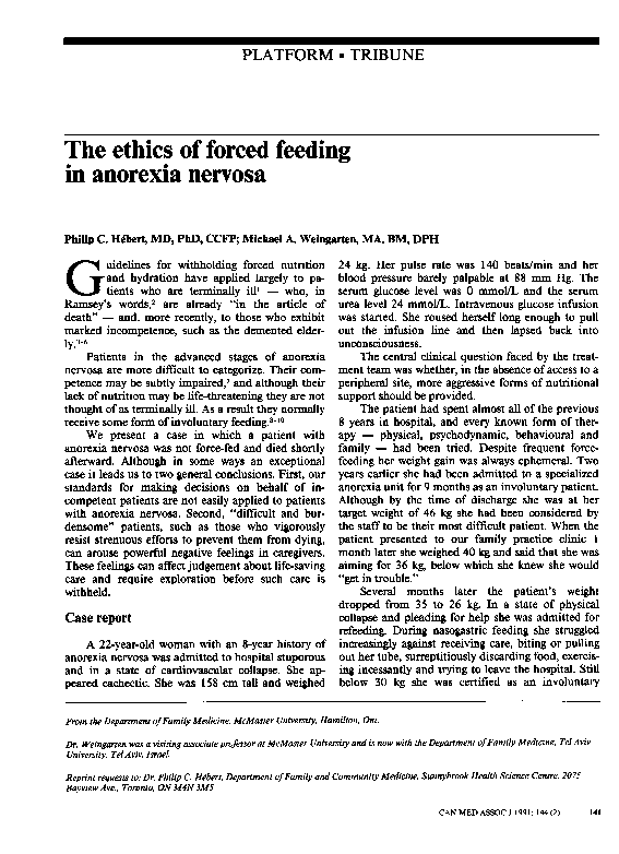 (PDF) The ethics of forced feeding in anorexia nervosa