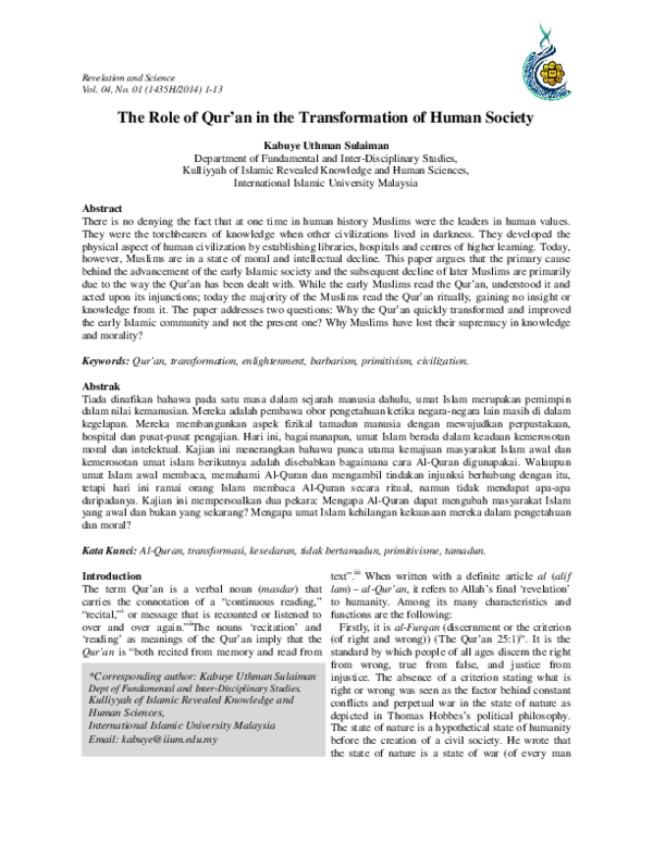 (PDF) The Role of Qur’an in the Transformation of Human Society