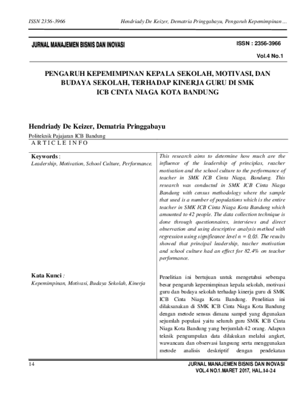 (PDF) Pengaruh Kepemimpinan Kepala Sekolah, Motivasi, Dan Budaya Sekolah, Terhadap Kinerja Guru ...
