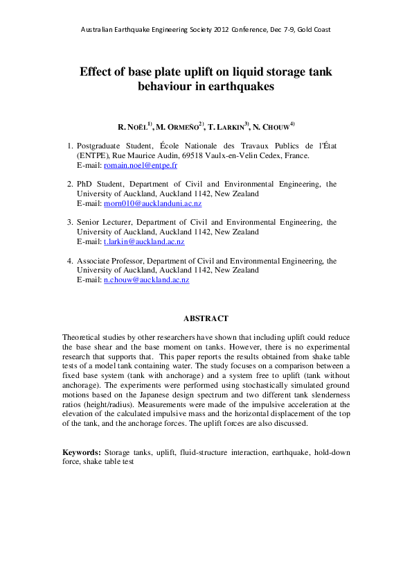 (PDF) Effect of base plate uplift on liquid storage tank behaviour in ...