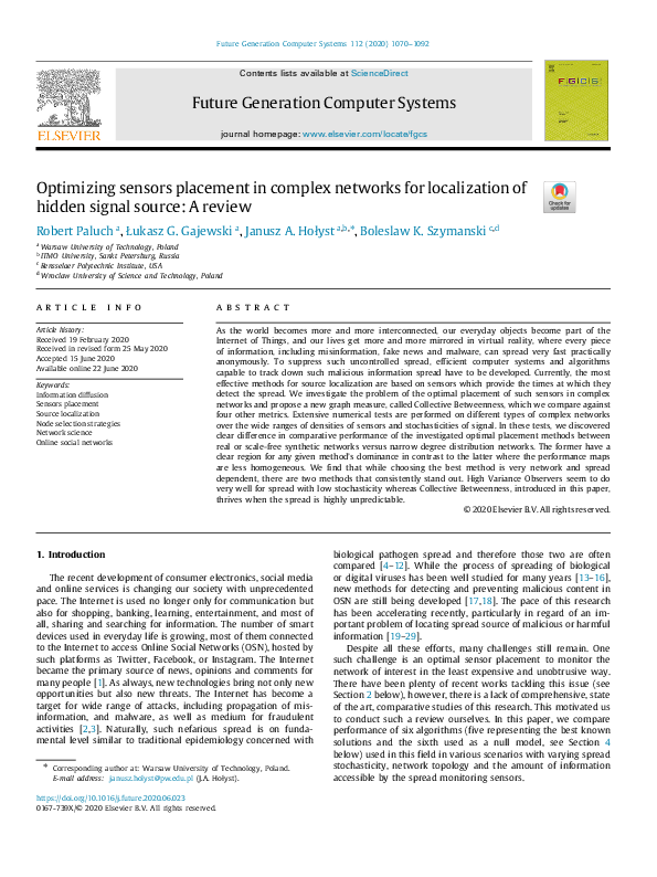 (PDF) Optimizing sensors placement in complex networks for localization of hidden signal source ...