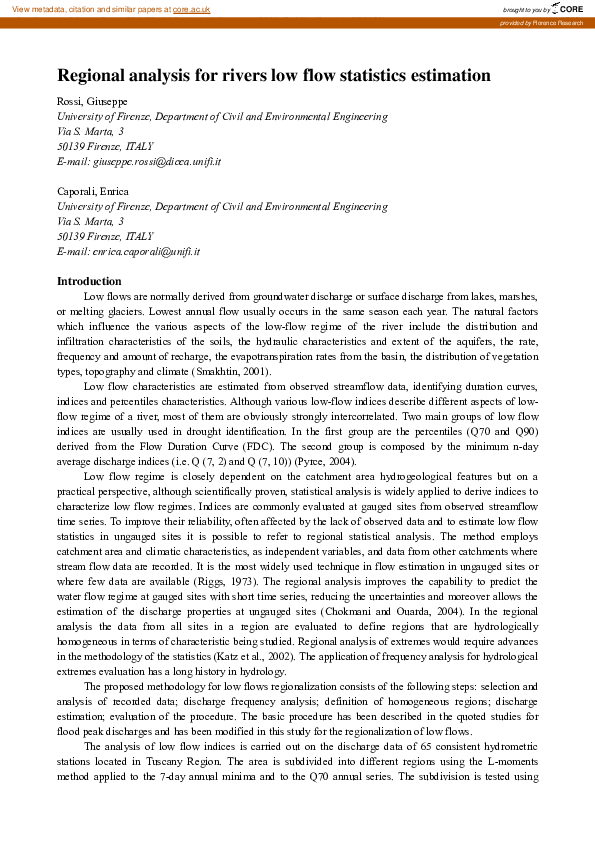 (PDF) Regional Analysis for Rivers Low Flow Statistics Estimation