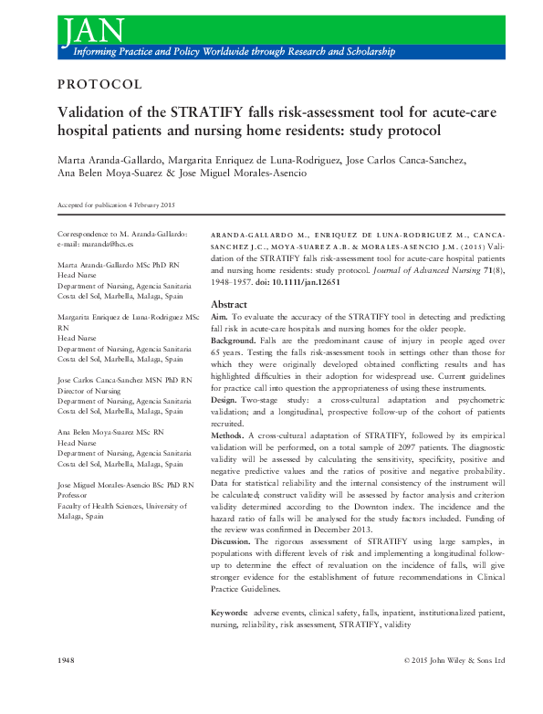 (PDF) Validation of the STRATIFY falls risk-assessment tool for acute ...