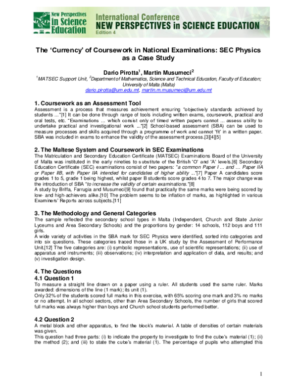 (PDF) The ‘currency’ of coursework in national examinations : SEC physics as a case study