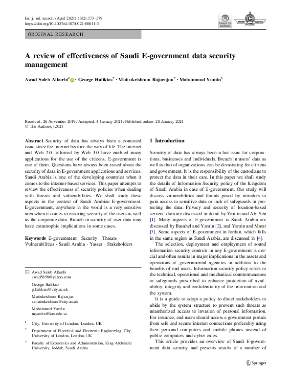 (PDF) A review of effectiveness of Saudi E-government data security ...