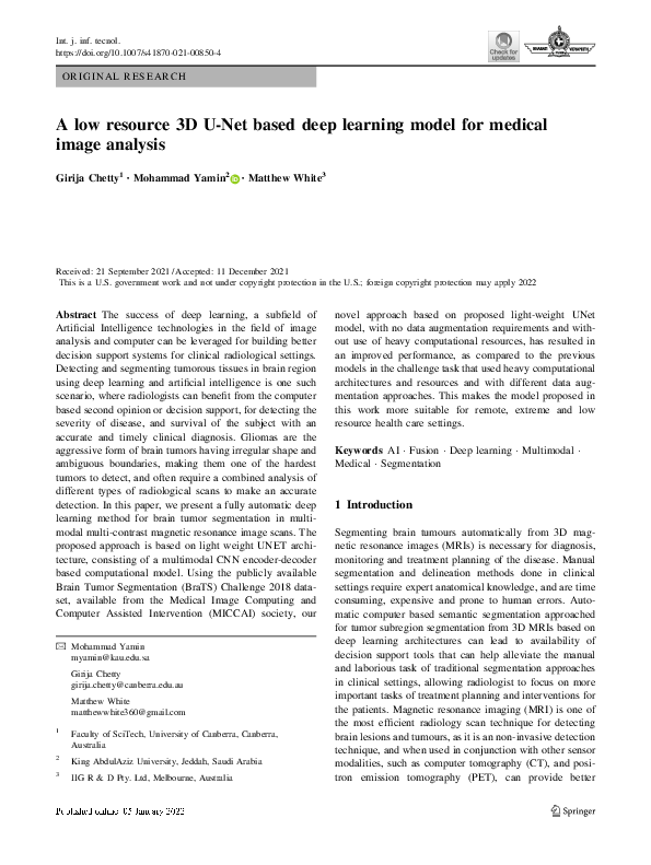 (PDF) A low resource 3D U-Net based deep learning model for medical image analysis