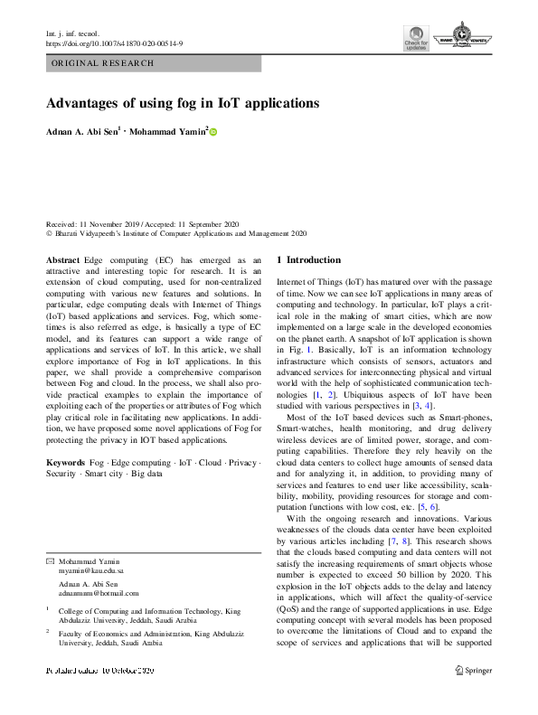 Pdf Advantages Of Using Fog In Iot Applications