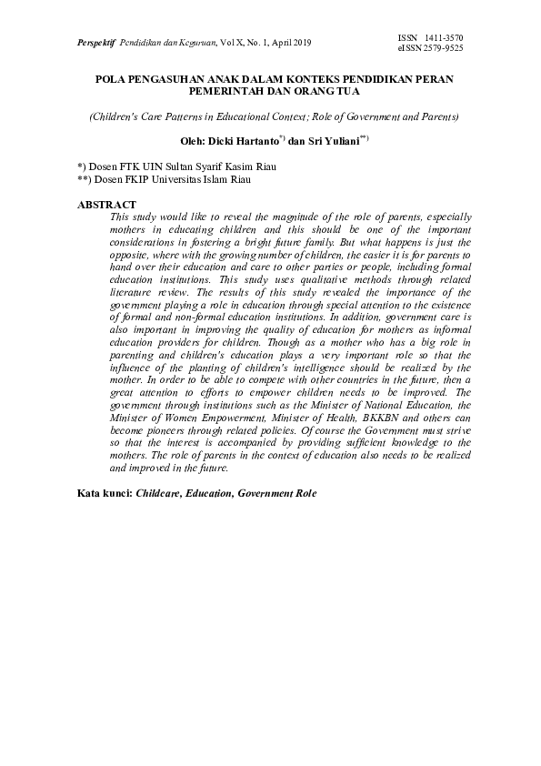 (PDF) Pola Pengasuhan Anak Dalam Konteks Pendidikan Peran Pemerintah Dan Orang Tua