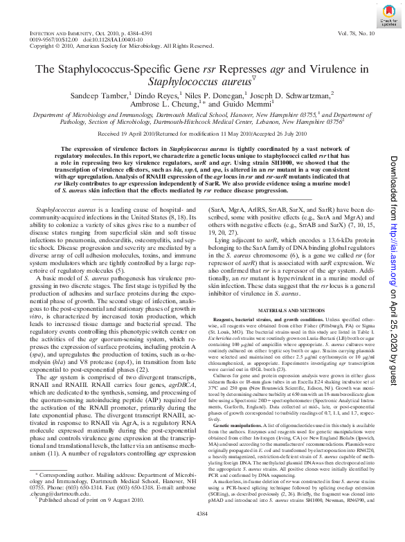(PDF) The Staphylococcus-Specific Gene rsr Represses agr and Virulence in Staphylococcus aureus