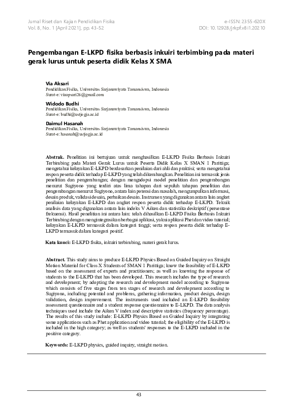 (PDF) Pengembangan E-LKPD fisika berbasis inkuiri terbimbing pada materi gerak lurus untuk ...