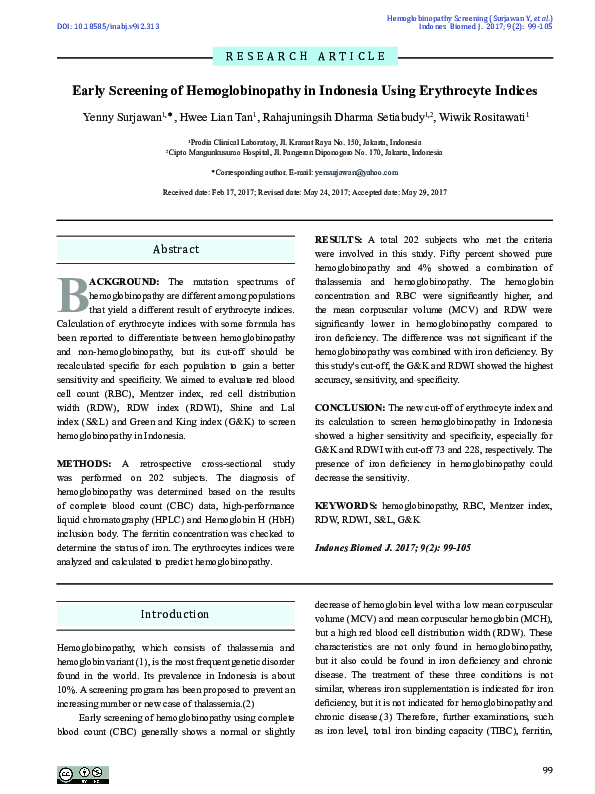 (PDF) Early Screening of Hemoglobinopathy in Indonesia Using ...
