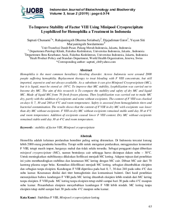 (PDF) To Improve Stability of Factor VIII Using Minipool Cryoprecipitate Lyophilized for ...