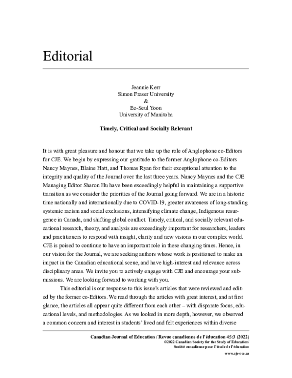 (PDF) Editorial: Timely, Critical and Socially Relevant