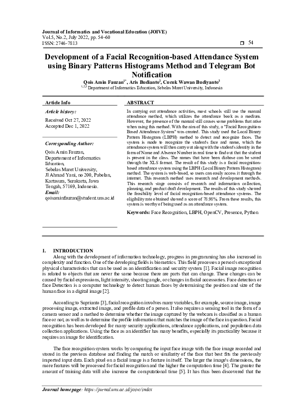 Pdf Development Of A Facial Recognition Based Attendance System Using Binary Patterns