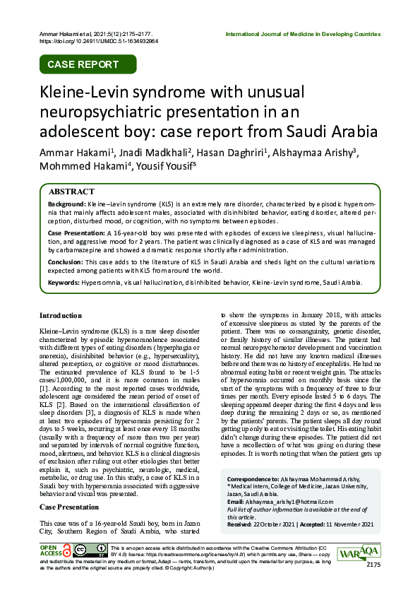 (PDF) Kleine-Levin Syndrome with unusual neuropsychiatric presentation ...
