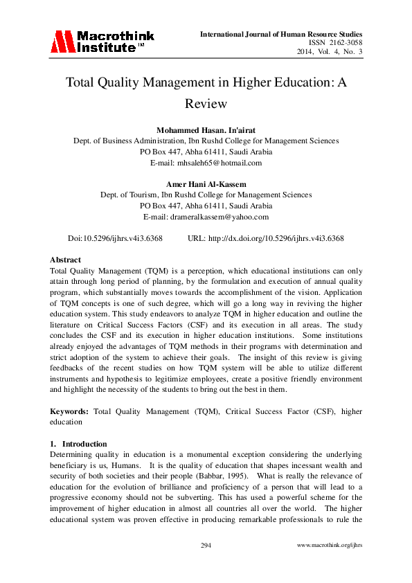 (PDF) Total Quality Management in Higher Education: A Review
