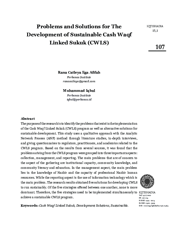 (PDF) Problems and Solutions for The Development of Sustainable Cash Waqf Linked Sukuk (CWLS)