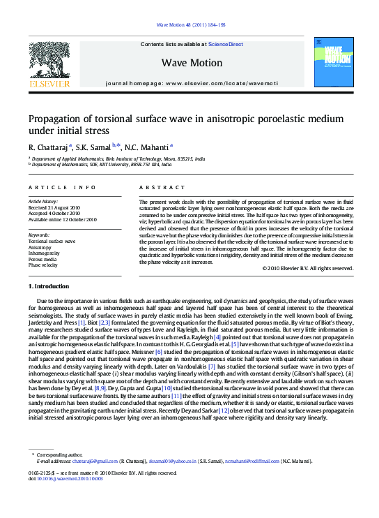(PDF) Propagation of torsional surface wave in anisotropic poroelastic medium under initial stress